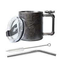 China 12oz Double Walled Stainless Steel Coffee Mug with Handle SS304 Steampunk Etch Black for sale