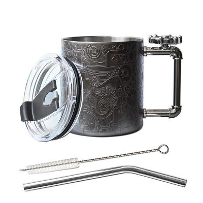 China 12oz Double Walled Stainless Steel Coffee Mug with Handle SS304 Steampunk Etch Black for sale