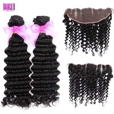 China Indian Remy Deep Wave Hair , 13*4 Pre Plucked Lace Frontal Bleached Knots for sale