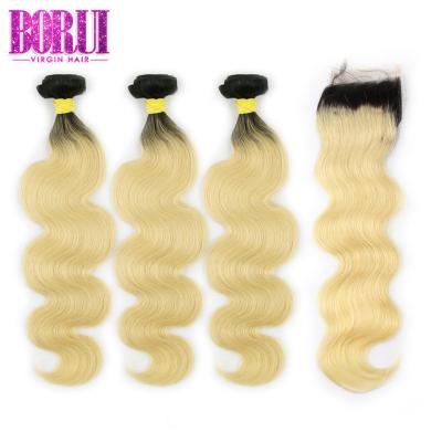 China 1b 613 Blonde Weave Hair Extensions , Blonde Weave Human Hair With 4*4 Lace Closure for sale
