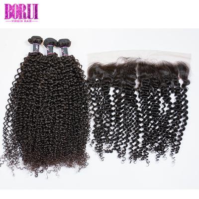 China Ear To Ear Raw Virgin Kinky Curly Hair 3 Bundles With Closure Shiny Soft for sale