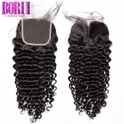 China Brazilian Transparent Lace Closure , Deep Curly Lace Closure With Baby Hair ALL Color for sale