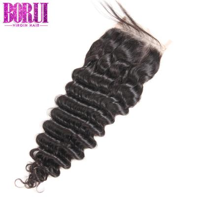 China Brazilian Deep Wave Closure Natural Color With Baby Hair Environmentally Friendly for sale