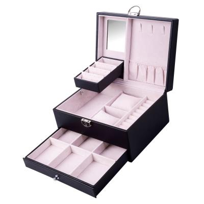 China Square Luxury Pink Black Leather Jewelry Set/Ring/Earring/Necklace/Bracelet/Watch Storage Display Box for sale