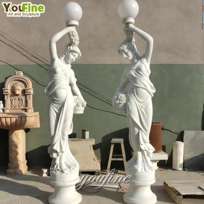 China Life Size Outdoor Garden White Lady Garden Marble Antique Statue Lamp for sale