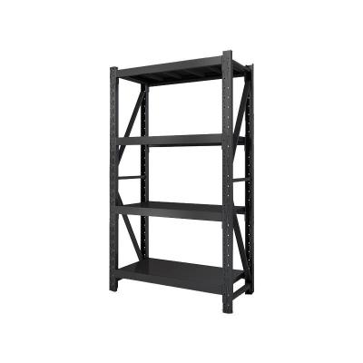 China Custom Heavy Duty Shelving 300 Kg Layer Garage Black 4 Tier Warehouse Storage Metal Stacking Shelf Rack Unit For Warehouse for sale