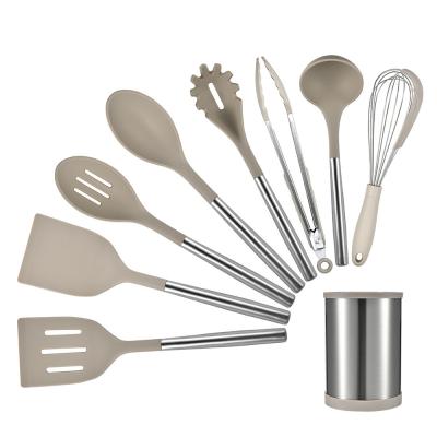 China 9pcs Silicone Cooking Kitchen Utensils Set Nonstick Cookware with Stainless Steel Handle Turner Tong,Spatula,Spoon brush for sale