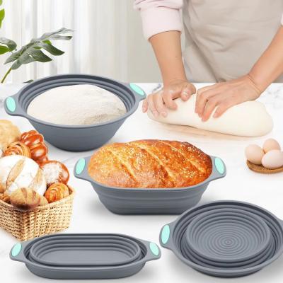 China 9.5 Inch Food Grade Silicone BPA-Free Banneton Basket Set for Artisan Bread Proofing with Oval & Round Foldable Bowls for sale