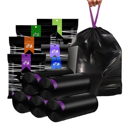 China Customized eco-friendly black recyclable garbage bags, heavy-duty plastic drawstring bags with gravure printing custom logos for sale