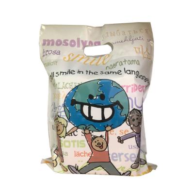 China Custom Logo PE Flat Four Finger Handbags High Pressure Plastic Clothing Advertising Perforated Bags Handheld Printed Bags for sale