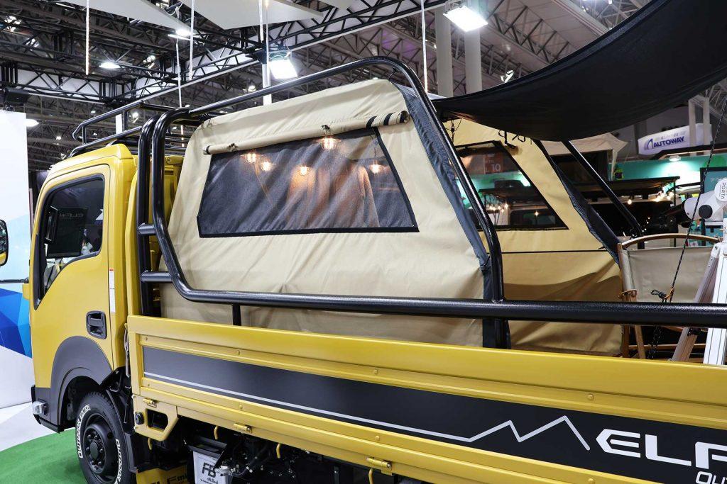 Utility frame is used to set up the tent. The cargo bed quickly turns into a camping space