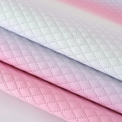 China Gradient Rainbow Diamond Grid PU Leather Fabric for Handbags & Phone Cases - 650mm Width Material for sale