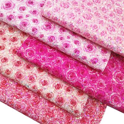 China Pink 100% PU Leather with Rose Flower Print - Valentine's Day Design on Imitation Cotton Velvet Backing for sale