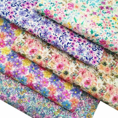 China Shiny Spring Flower Printed Glitter Cotton Velvet Bottom PU Leather Fabric - 12 Color Options for Spring & Valentine Crafts for sale