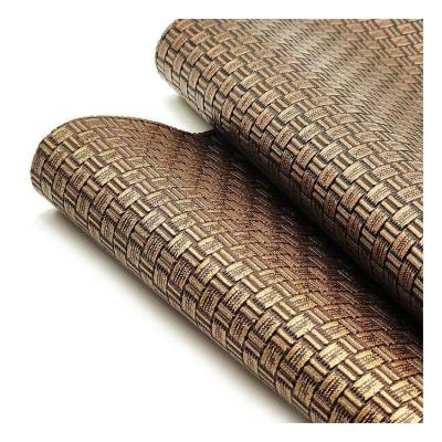 China Wholesale PVC Antique Brass Weave Pattern Faux Leather Fabric 0.6mm 140cm for Shoes Notebook Packaging for sale