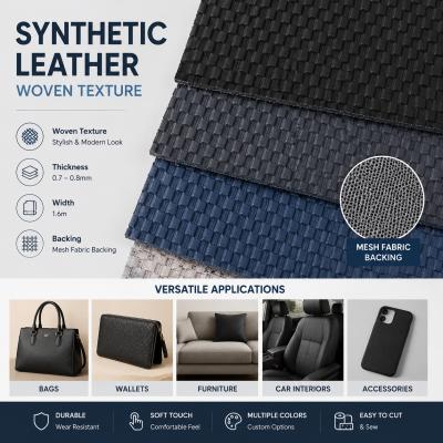 China Woven Texture Synthetic Leather PVC Roll with Mesh Fabric Backing for Bags Wallets Furniture for sale