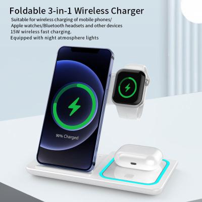 China 3 In 1 15W Folding Wireless Charger Double Coil Atmosphere Lamp for sale