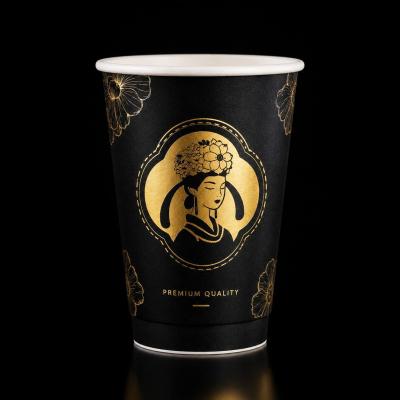 China 12oz Hot Foil Stamped Paper Cups With Custom Metallic Logo For Coffee Brands for sale