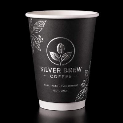 China Metallic Logo Custom Paper Cups 10oz Silver Foil Stamped Paper Cups for Modern Brand Packaging for sale