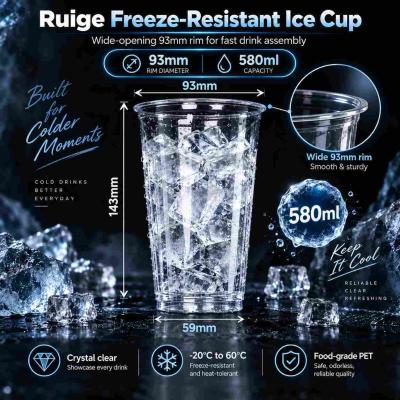 China 93mm Wide-Opening 580ml PET Ice Cup with Custom Logo Printing for Fast Drink Assembly for sale