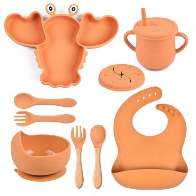 China Orange Baby Silicone Feeding Set BPA Free Suction Weaning Set for sale