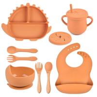 China Dinosaur Silicone Feeding Set orange Suction Bowl Weaning Durable for sale