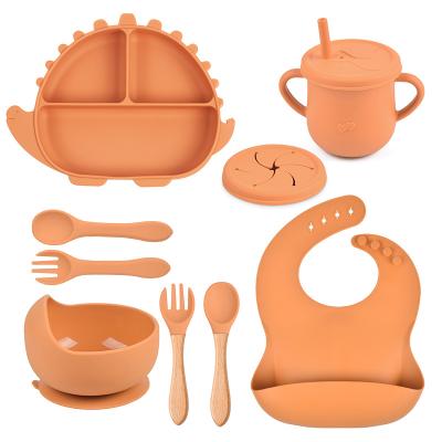 China Dinosaur Silicone Feeding Set orange Suction Bowl Weaning Durable for sale