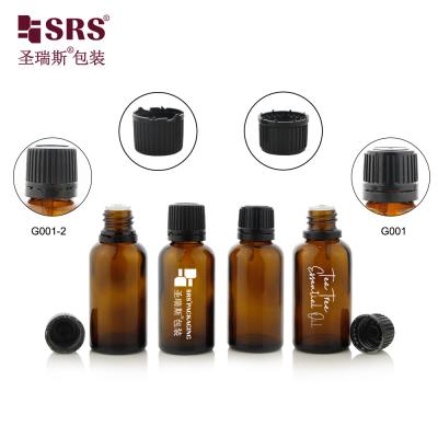 China G001-2 Amber Round Mold Glass Bottle With Tamper Evident Screw Cap Plastic Plug For Essential Oil Container Packaging for sale