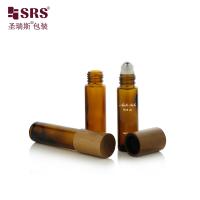 China BLPM-10ML Amber Frosted Glass Roller Steel Ball Essential Oil Bottle With Wooden Cap for sale