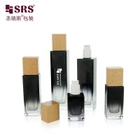 China Custom 20ml 30ml 50ml 100ml 120ml Rectangle Glass Skincare Bottle Wooden Cap for Lotion Emulsion Cream for sale