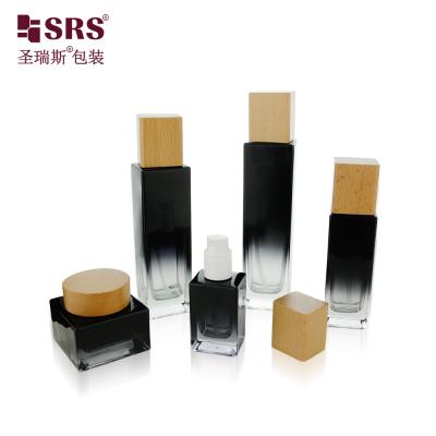 China Custom 20ml 30ml 50ml 100ml 120ml Rectangle Glass Skincare Bottle Wooden Cap for Lotion Emulsion Cream for sale