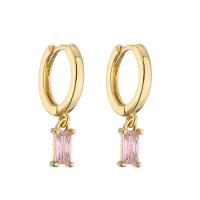 China 18K Gold Plated Hoop Earrings Rectangle Water Drop Pink Zircon Diamond Pendant 2.0 Inch for sale