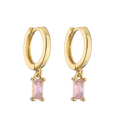 China 18K Gold Plated Hoop Earrings Rectangle Water Drop Pink Zircon Diamond Pendant 2.0 Inch for sale