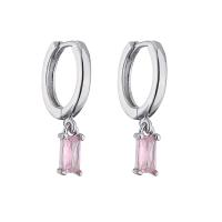 China 18K Gold Plated Hoop Earrings Rectangle Water Drop Pink Zircon Diamond Pendant 2.0 Inch for sale