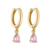 China 18K Gold Plated Hoop Earrings Rectangle Water Drop Pink Zircon Diamond Pendant 2.0 Inch for sale
