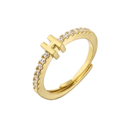 China 18K Gold Plated Initial Letter Diamond Ring Adjustable 925 Sterling Silver Zircon Alphabet Bands for sale