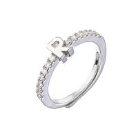 China 18K Gold Plated Initial Letter Diamond Ring Adjustable 925 Sterling Silver Zircon Alphabet Bands for sale