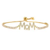 China 18k Gold Plated Diamond Custom Letter Mom Bracelet Adjustable Beaded Tennis Chain 7.5 inch for sale