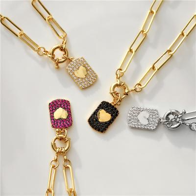 China 18k Gold Plated Necklace Heart Pendant Diamond Zircon Paper Clip Link Chain Choker 45cm for sale