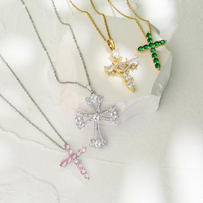 China 24k Gold Plated Zircon Cross Pendant Necklace 925 Sterling Silver Chain 18 Inch for sale