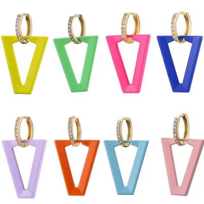 China 18k Gold Plated Diamond Hoop Earrings V Shape Pendant Colorful Spray Paint AAA Zircon for sale