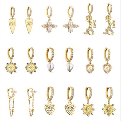 China 18k Gold Plated Diamond Pendant Earrings Heart Bee Mermaid Zircon Charm for Women for sale