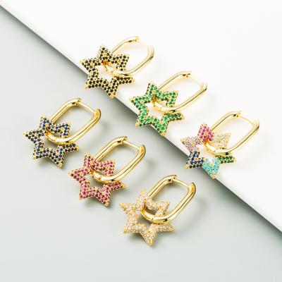 China 18k Gold Plated Star Pendant Hoop Earrings Colorful Diamond Zircon Charm Jewelry for sale
