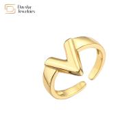 China Glossy Enamel 18K Gold Plated V Letter Ring Adjustable Open Resizable for sale
