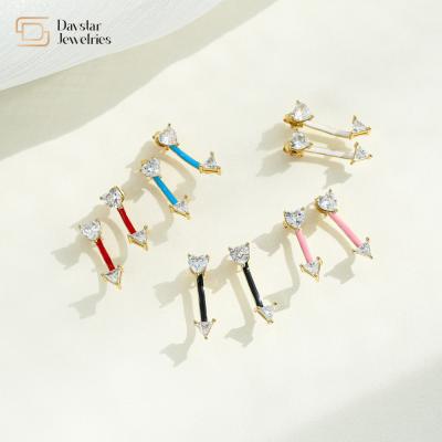 China 14K Gold Plated Enamel Heart Triangle Stud Earrings with Diamond Zircon 2 Pairs for sale