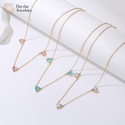 China 18k Gold Plated Thin Chain Choker Necklace Heart Pink Ocean Blue Zircon Charm 45cm for sale