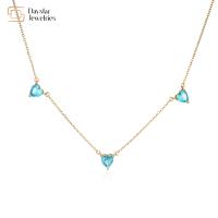 China 18k Gold Plated Thin Chain Choker Necklace Heart Pink Ocean Blue Zircon Charm 45cm for sale
