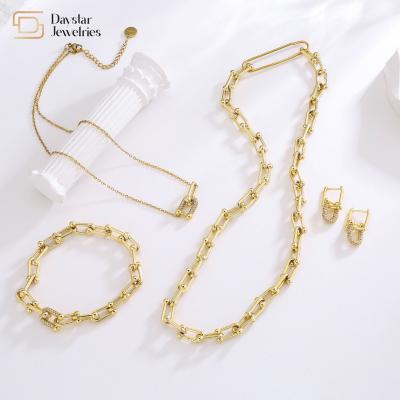 China 18k Gold Plated Stainless Steel Diamond Zircon Jewelry Set Horseshoe U Geometric Necklace Earrings Bracelet for sale