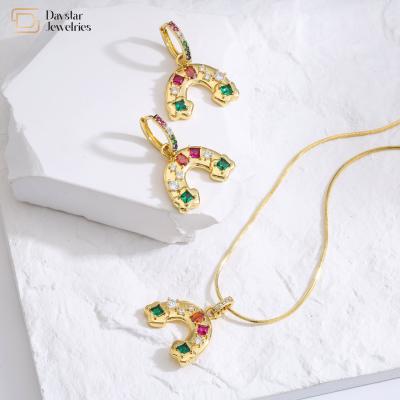 China 18k Gold Plated Rainbow Jewelry Set Colorful Diamond Gemstone Pendant Necklace Earrings for sale