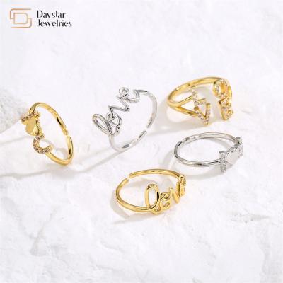 China 18k Gold Plated Love Heart Cubic Zirconia Ring Adjustable Letter Band Size 6-10 for sale